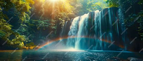 Premium Photo Serene Waterfall In Lush Rainforest With Rainbow And