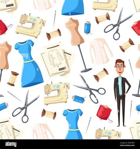 Tailor With Sewing Tools And Equipment Seamless Pattern Background