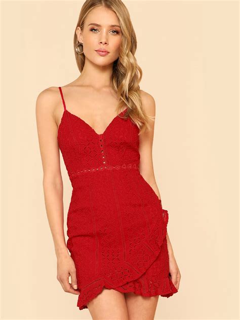 Eyelet Embroidery Insert Overlap Ruffle Hem Cami Dress Shein Sheinside
