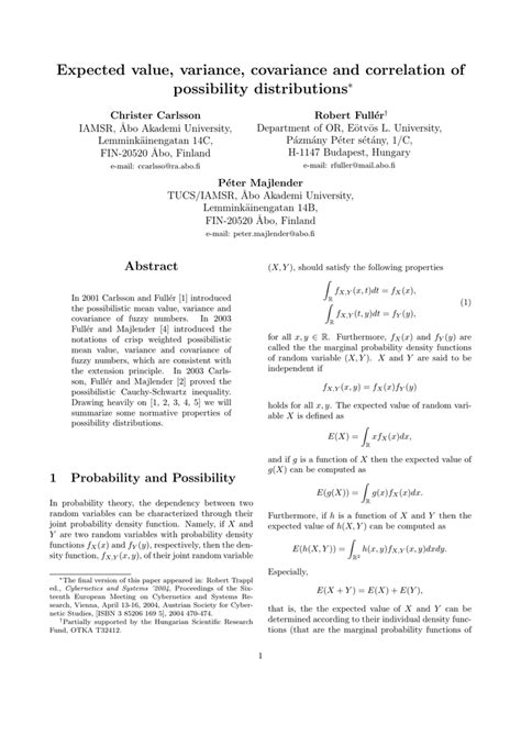 expected value variance covariance and correlation of possibility