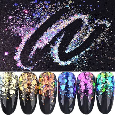 1 Box 6 Colors Aurora Nail Glitter Sequins Ultra Thin Mermaid Hexagon