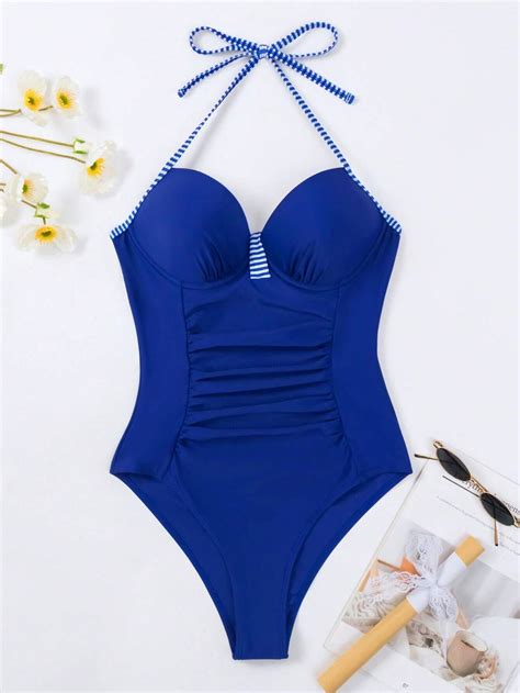 Striped Binding Ruched Push Up One Piece Swimsuit Shein Usa
