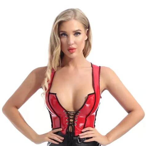 Women Sexy Pvc Leather Deep U Vest For Sex Shiny Wetlook Crop Tops Lace