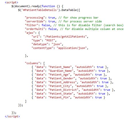 jquery datatable example in mvc