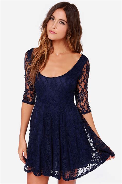 Lace Dress Navy Blue Dress Skater Dress 44 00 Lulus
