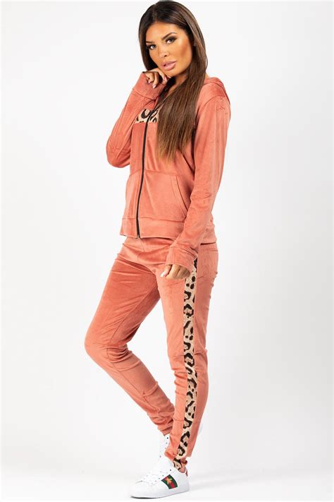 Velour Tracksuit With Leopard Print Stripe Rose Pink Uk
