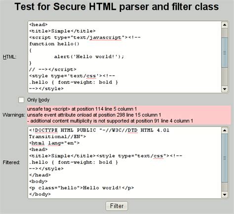 secure html parser and filter parse and filter insecure html tags and