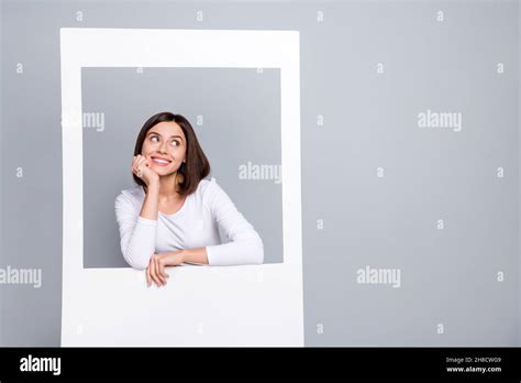 Photo Of Thoughtful Cute Lady Dressed White Clothes Arm Cheekbone