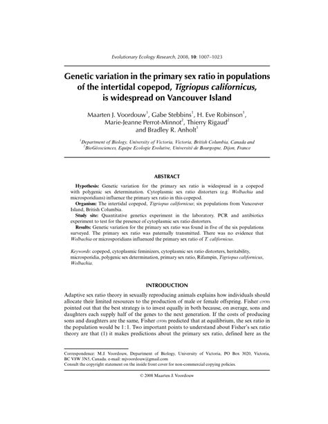 Pdf Genetic Variation In The Primary Sex Ratio In Populations Of The