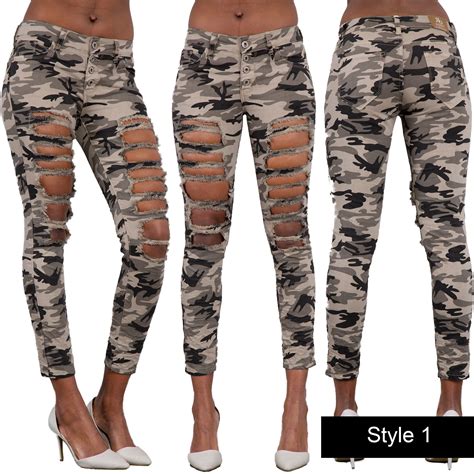 Women Sexy Camouflage Army Print Stretch Ripped Skinny Jeans Trousers