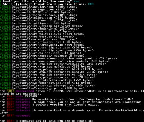 npm angular 7 new project err code etarget no matching version