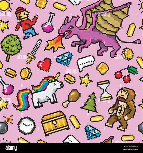 pixel art 8 bit objects seamless pattern retro game assets set of