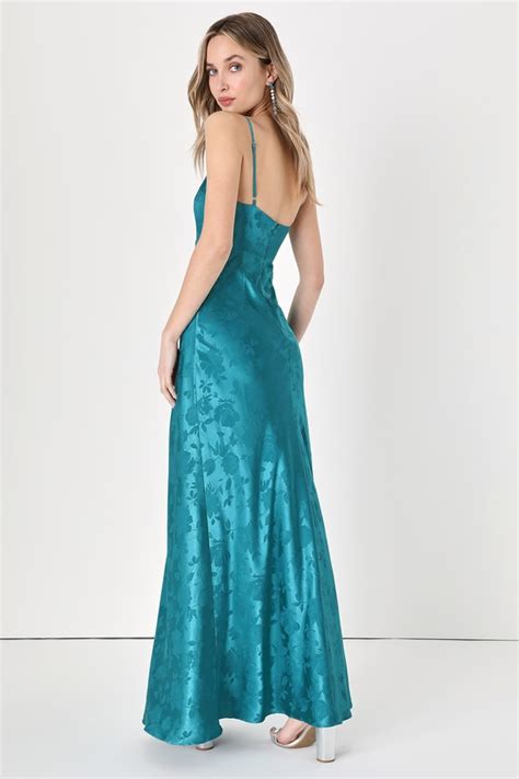 Teal Satin Gown Floral Jacquard Maxi Dress Floral Maxi Dress Lulus