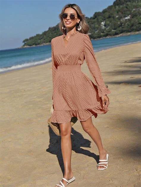 Shein Frenchy Chevron Jacquard Flounce Sleeve Ruffle Hem Dress Shein Uk