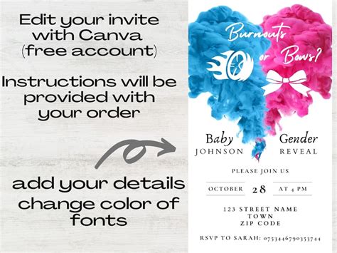 Burnouts Or Bows Gender Reveal Invitation Template Digital Etsy