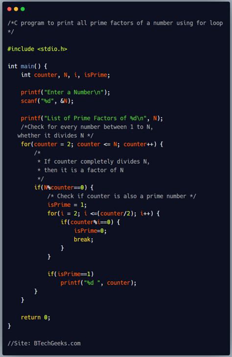 c program to find prime factors of a numbers btech geeks