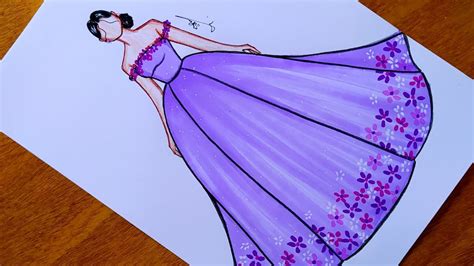 رسم فستان سهرة مزين بالورود سهل جدا للمبتدئين 💜 رسم فساتين فساتين