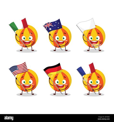Yellow Beach Ball Cartoon Character Bring The Flags Of Various