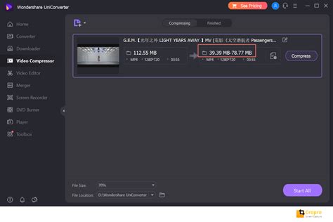 wondershare support center why does the compressing target file size