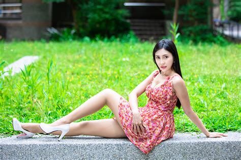 Pictures Brunette Girl Young Woman Legs Asian Sitting Gown Stilettos