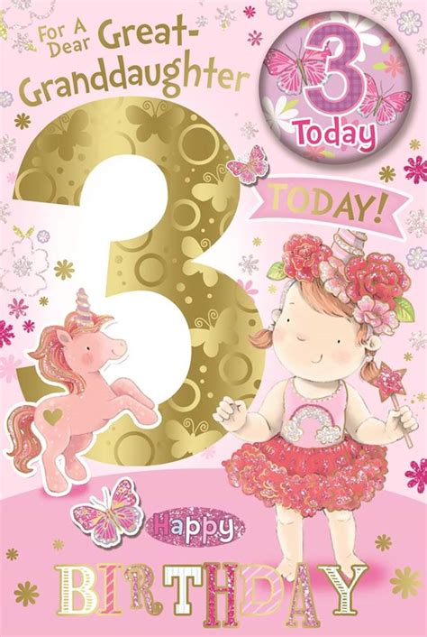 Great Granddaughter 3rd Birthday Card And Badge 3 Today Girl And Unicorn