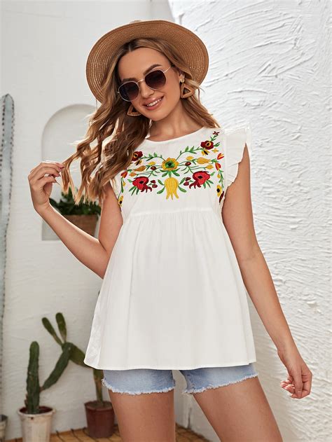 Shein Maternity Floral Embroidery Ruffle Hem Blouse
