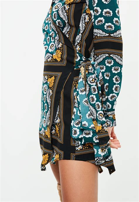 Lyst Missguided Green Scarf Print Long Sleeve Wrap Shirt Dress In Green