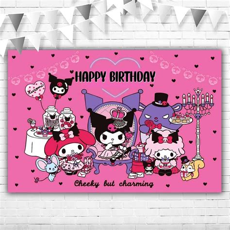 Kuromi Birthday Party Backdrop 5x3ft Hot Pink Happy Birthday Kuromi