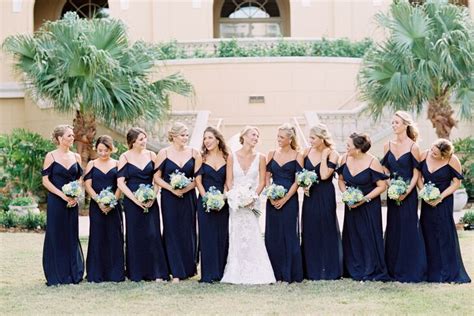 Bridesmaids In Navy Blue Cold Shoulder Gowns