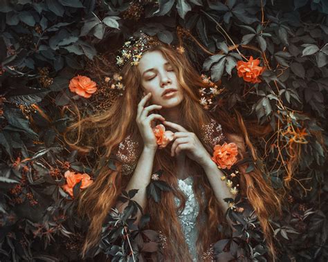 Download Wallpaper Leaves Girl Flowers Face Pose Style Thickets