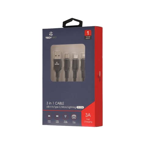 Techpro 3 In 1 Usb A To Usb C Micro Lightning Cable 3a Charrger And Data