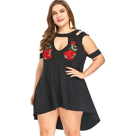 Wipalo Plus Size Floral Embroidery Cold Shoulder Dress Keyhole Neck