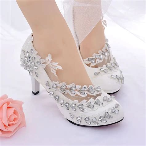 Luxury White Lace Big Crystal Stones Decoration Wedding Shoes Bride