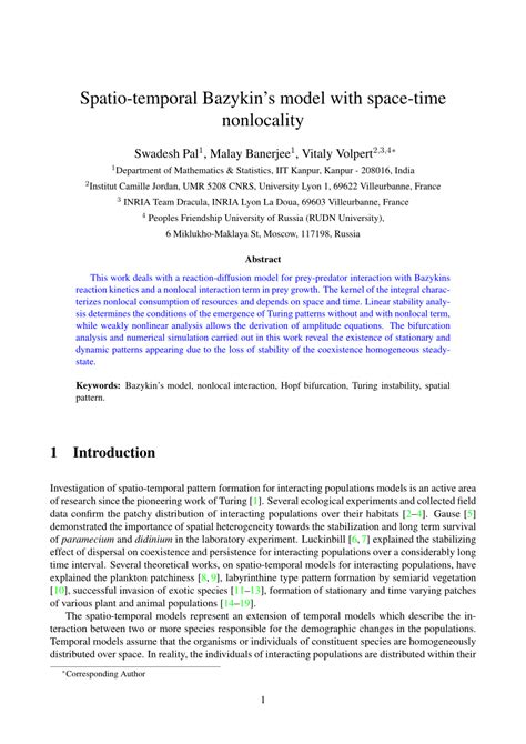 Pdf Spatio Temporal Bazykins Model With Space Time Nonlocality