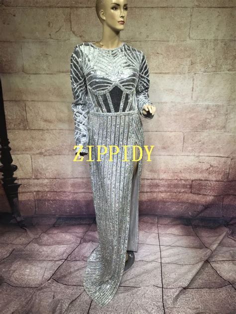 Shining Luxury Silver Crystals Dress Costume Womens Birthday Celebrate