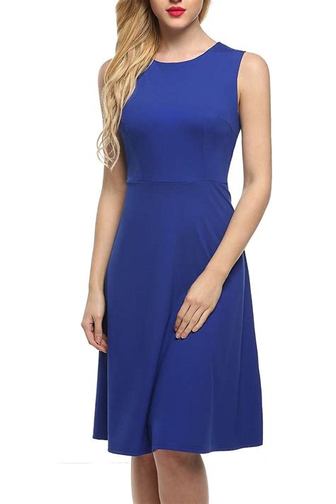Womens Sleeveless Solid Fit And Flare A Line Dress Blue