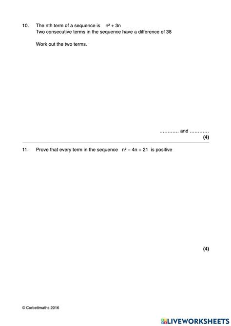 Quadratic Sequences Worksheet Live Worksheets