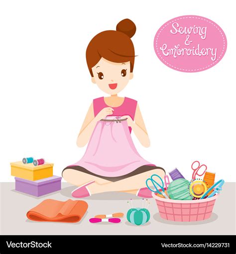 Woman Sewing Clothes By Hand In Embroidery Hoop Vector Image