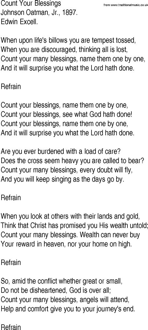 Hymn And Gospel Song Lyrics For Count Your Blessings By Johnson Oatman Jr