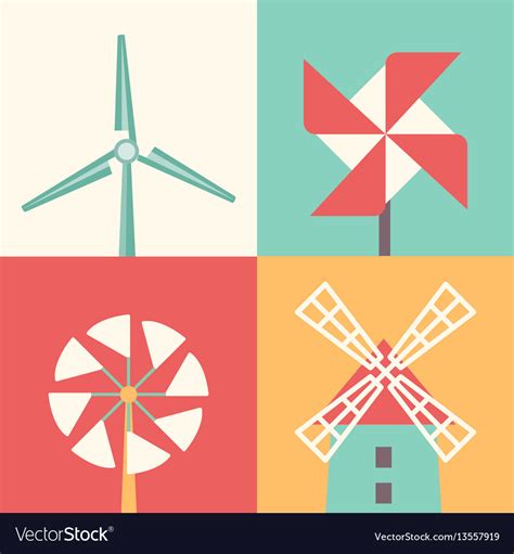 Windmill Linear Flat Icons Wind Energy Cartoon Vector Image