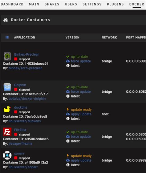 can t update docker containers button is missing