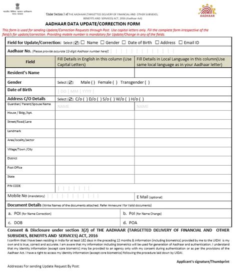 Aadhaar Card Data Update Correction Form Aadhaar Card