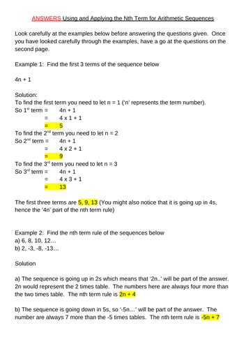 nth term of linear sequence using and applying teaching resources