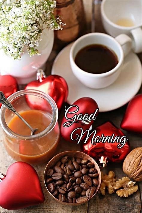 Good Morning With Coffee Nuts And Heart Shaped Decorations