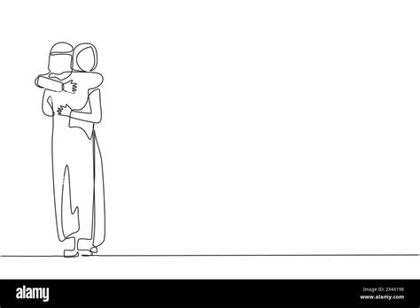 Single Continuous Line Drawing Excited Wife Embracing Beloved Husband
