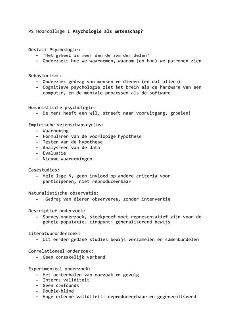 Hoorcolleges Psychologie Ps Hoorcollege 1 Psychologie Als Wetenschap