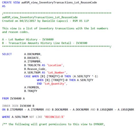 sql view inventory transactions with lots and reason codes rsm