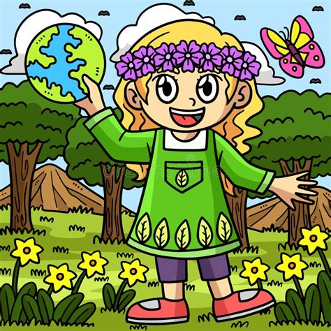 Earth Day Girl In Forest Colored Cartoon Stock Vector Illustration Of