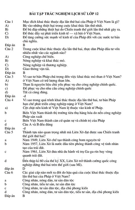 325 Câu Hỏi Trắc Nghiệm Môn Lịch Sử 12 Có đáp án