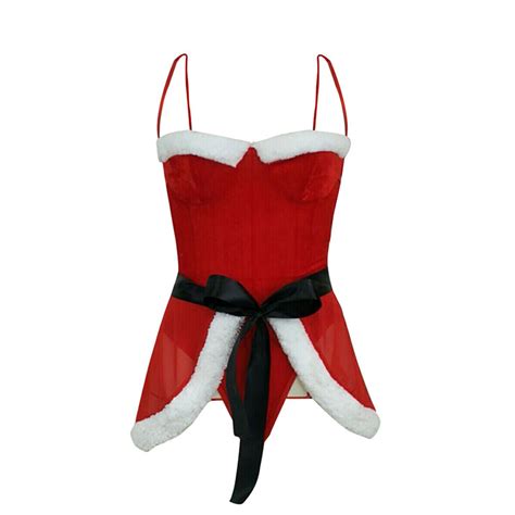 Sexy Red Velvet Spaghetti Straps Teddies Lingerie Christmas Girl